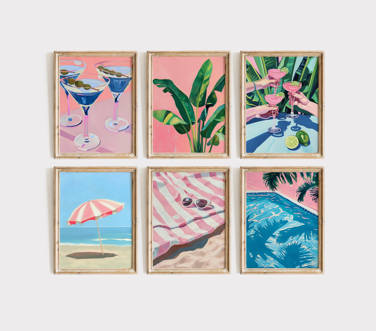 Beachy Wall Art, Beachcore Aesthetic Set of 6, Coastal Wall Art, Pink Preppy Decor, Trendy ...