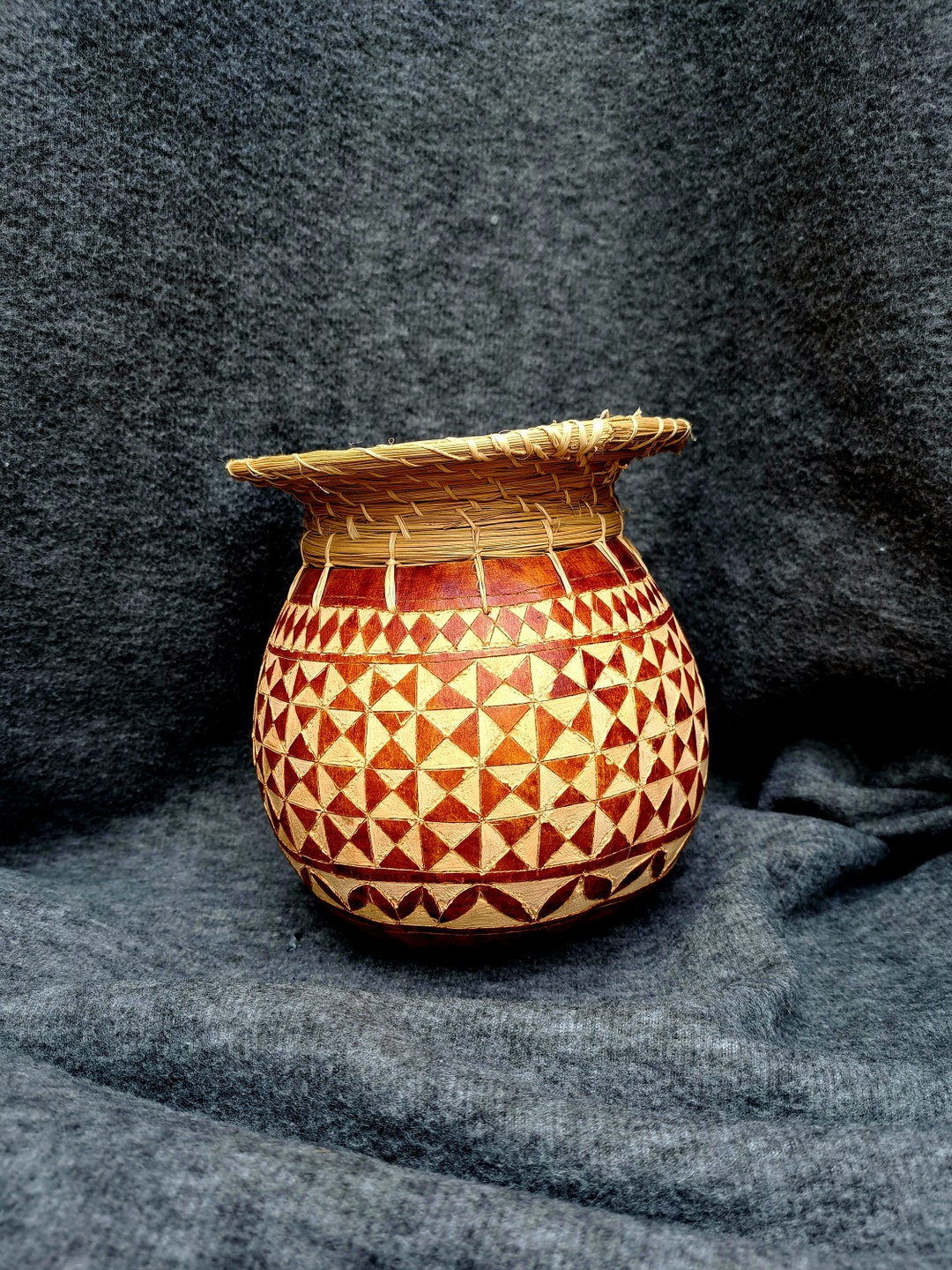 Gourd Basket, Hand Carved Gourd Vase, Vintage Gourd Vase, Beige and ...