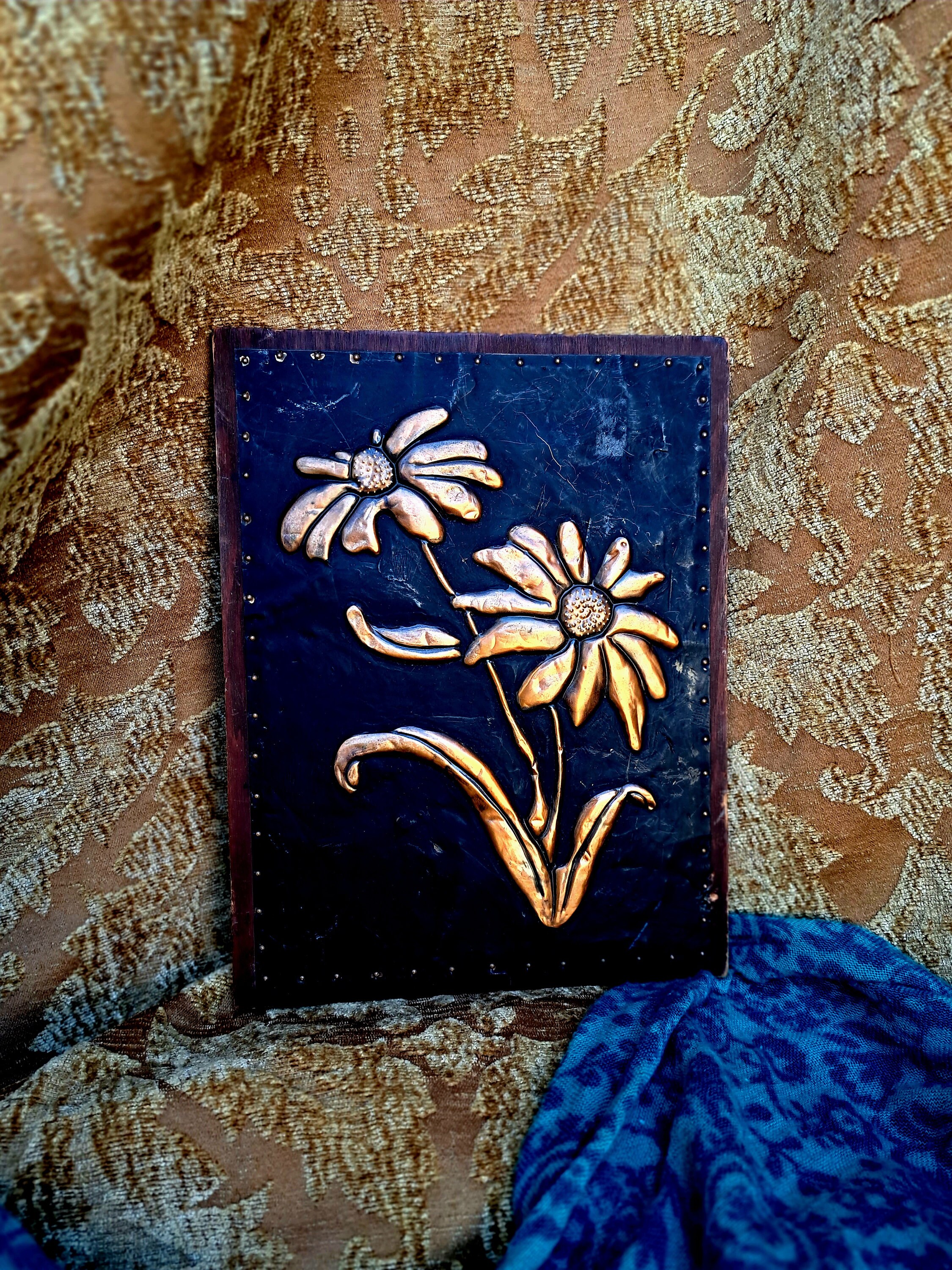 Vintage Embossed Copper Wall Plaque , Copper Flowers, Embossed Daisies ...