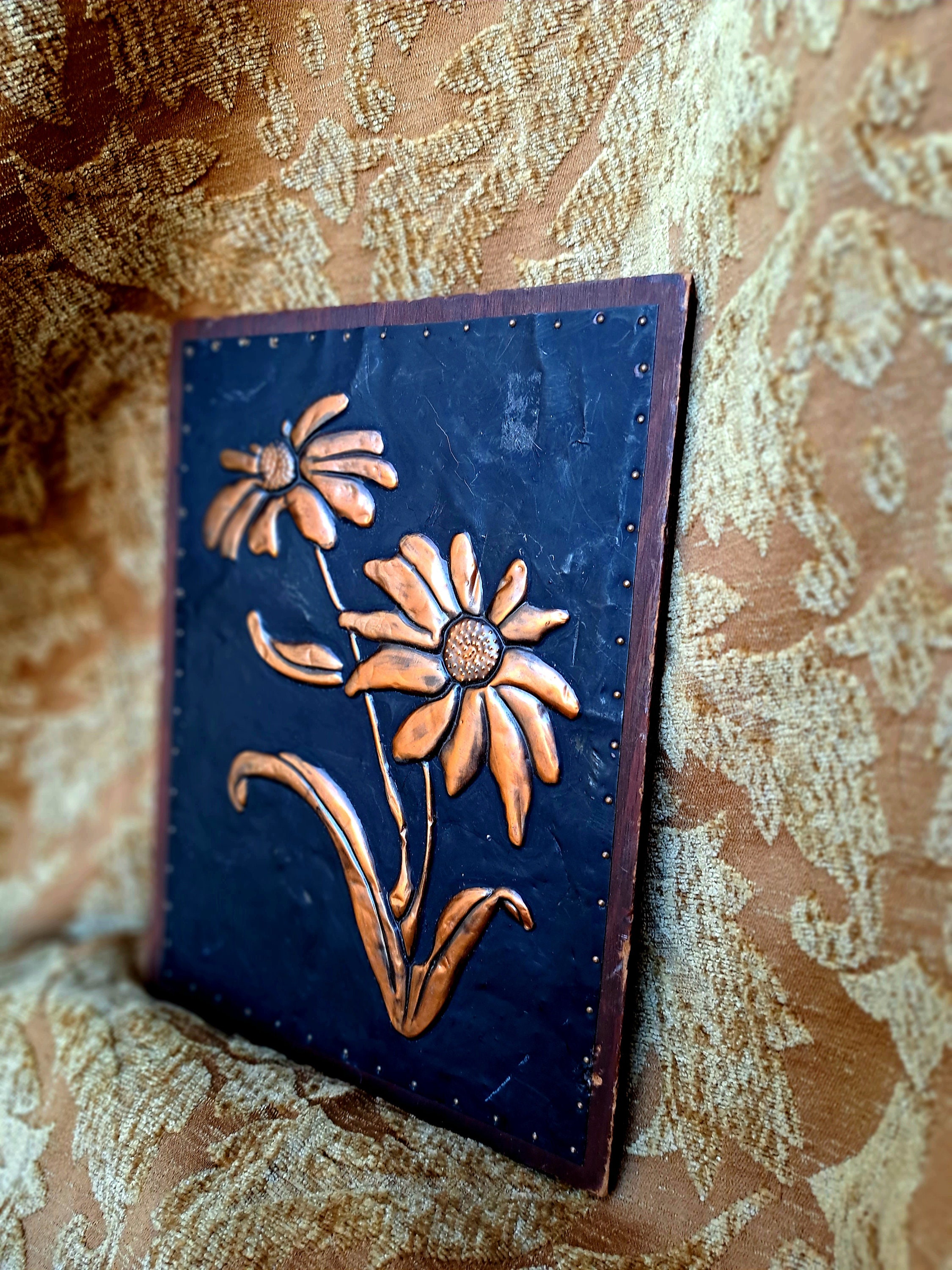Vintage Embossed Copper Wall Plaque , Copper Flowers, Embossed Daisies ...