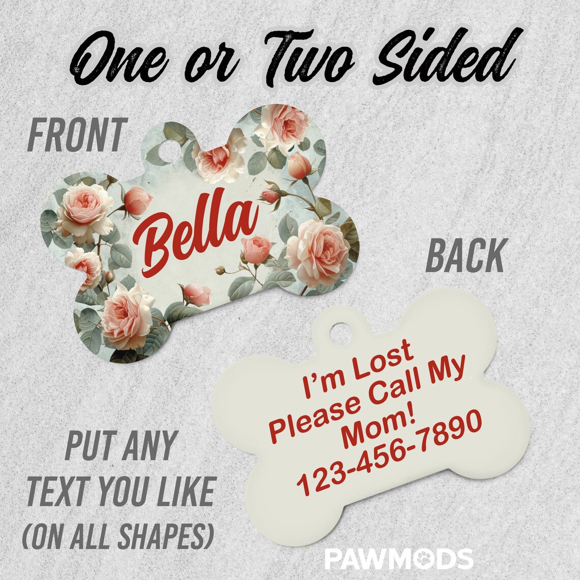 French Floral Dog Tag, Pink Roses Swirl Dog Tag Personalized, Rose Pet ...
