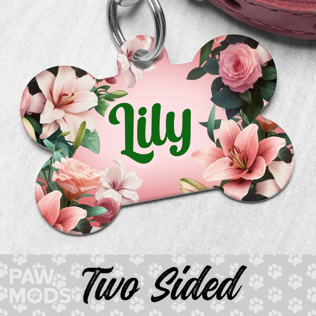 Floral Dog Tag, Lily Dog Tag Personalized, Pink Flower Pet Tag, Custom ...