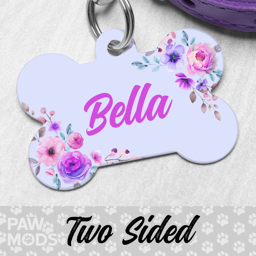 Floral Dog Tag, Watercolor Flower Dog Tag Personalized, Purple Roses ...