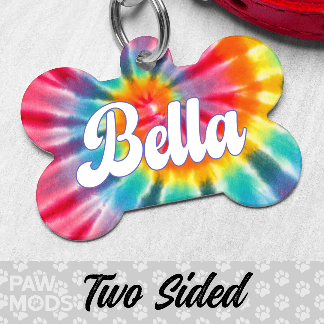 Tie Dye Dog Tag, Hippie Dog Tag Personalized, Hippy Pet Tag, Rainbow ...