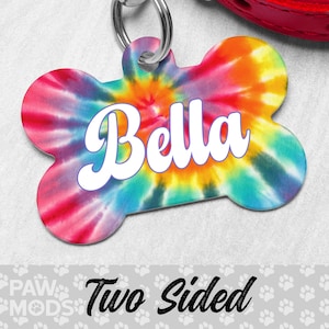 Tie Dye Dog Tag, Hippie Dog Tag Personalized, Hippy Pet Tag, Rainbow ...