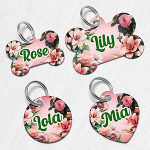 Floral Dog Tag, Lily Dog Tag Personalized, Pink Flower Pet Tag, Custom ...