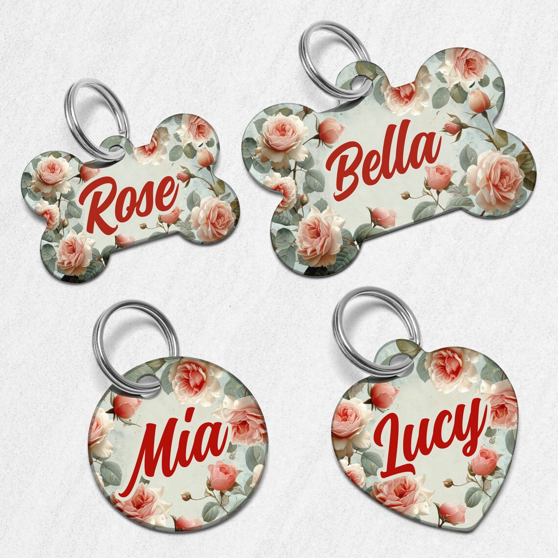 French Floral Dog Tag, Pink Roses Swirl Dog Tag Personalized, Rose Pet ...