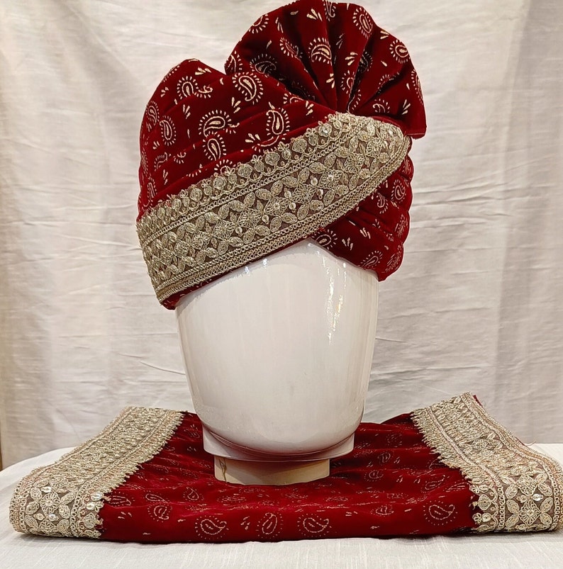 Red Wedding Turban & Shawl Set, Indian Groom Safa Combo, Velvet Golden ...
