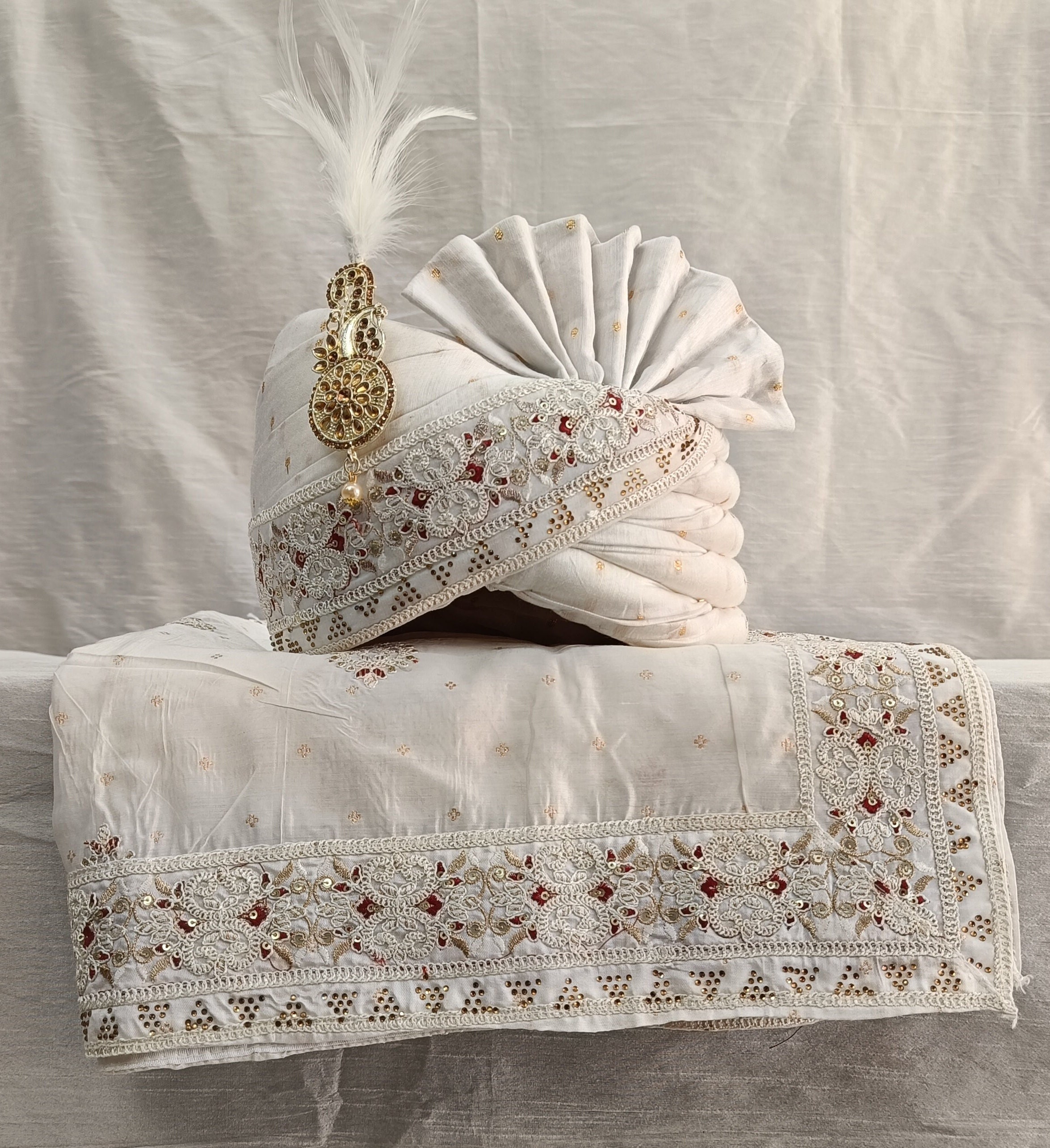 White Turban & Shawl Set for Groom, Turban for Groom, Wedding Safa ...