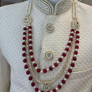 3-layered Ivory & Maroon Pearl Mala, Groom Kantha Necklace for Sherwani ...