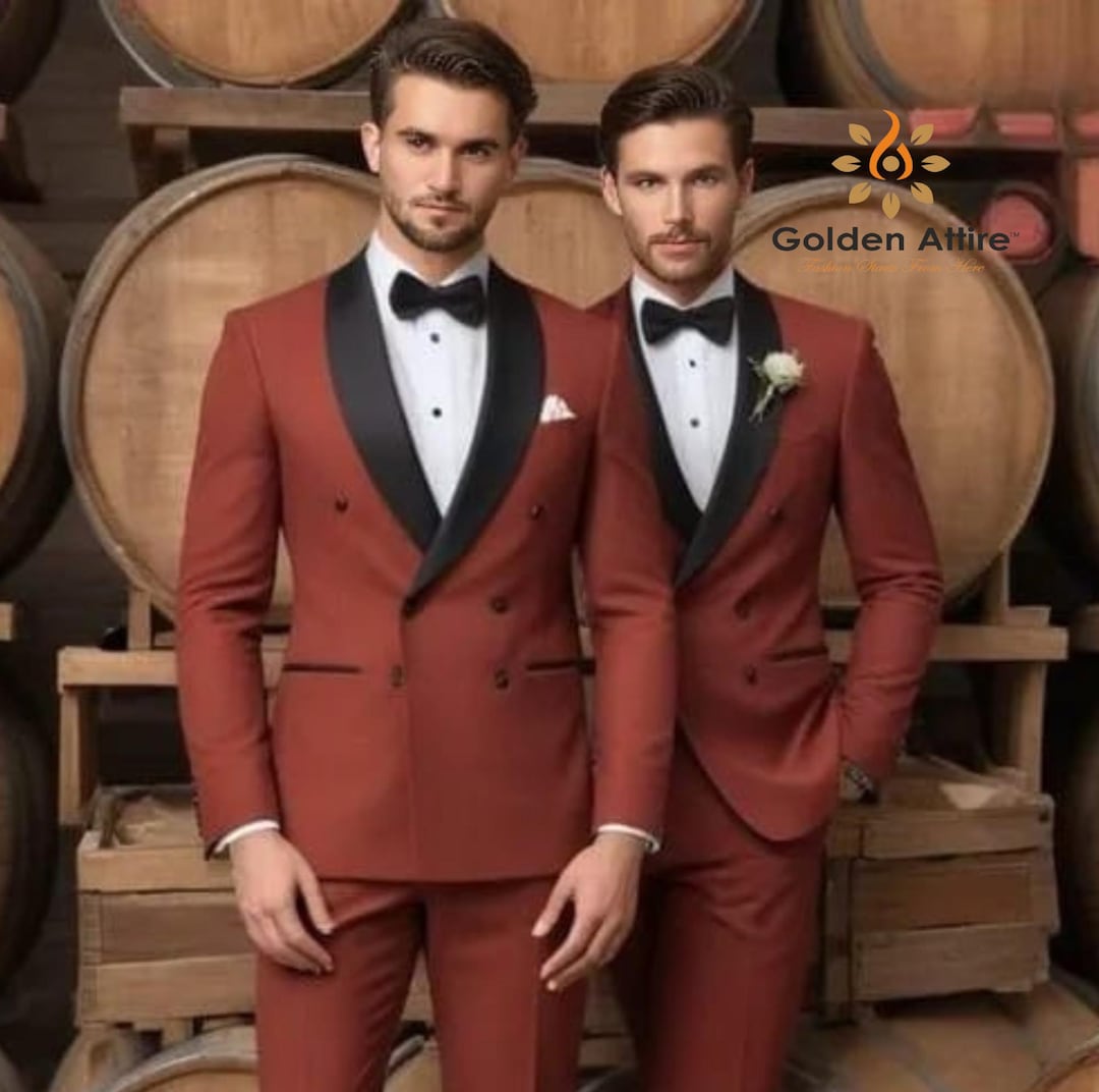 Elegant Rust Double-breasted Suit, With Black Shawl Lapel – Premium Teri Rayon Fabric, - Etsy