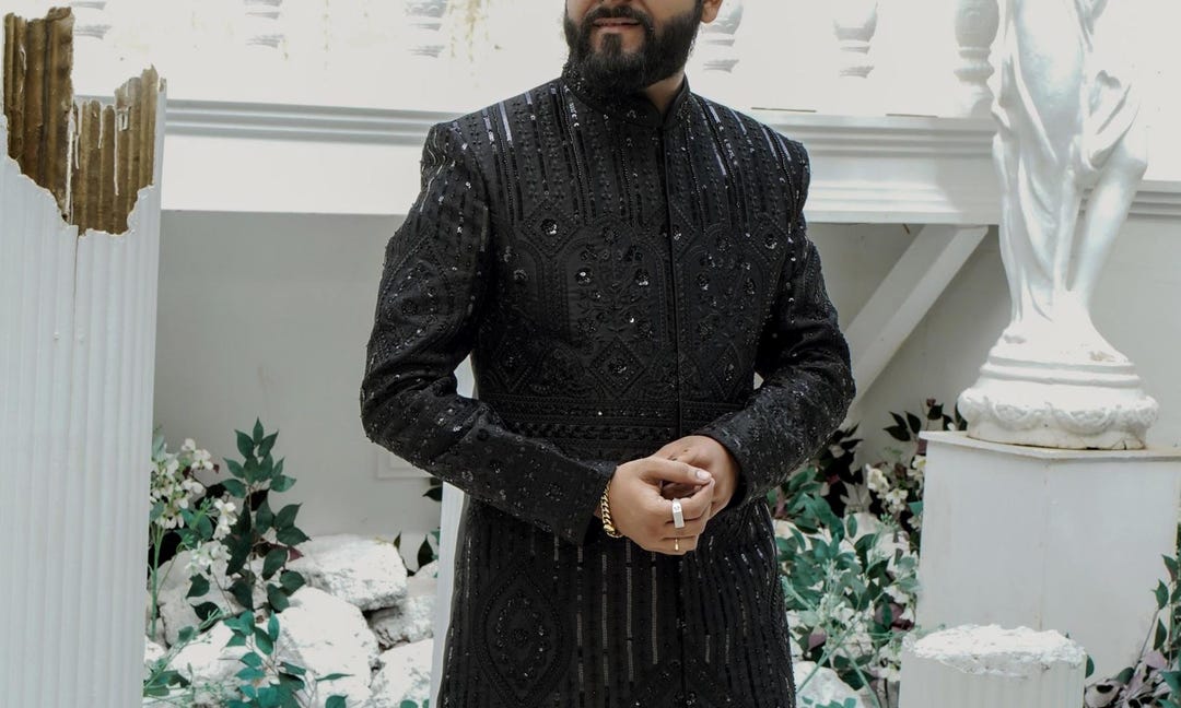 Black Sherwani for Groom, Thread Embroidered Sherwani, Wedding Sherwani ...
