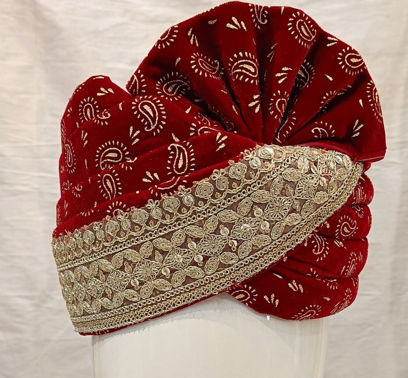 Red Wedding Turban & Shawl Set, Indian Groom Safa Combo, Velvet Golden ...