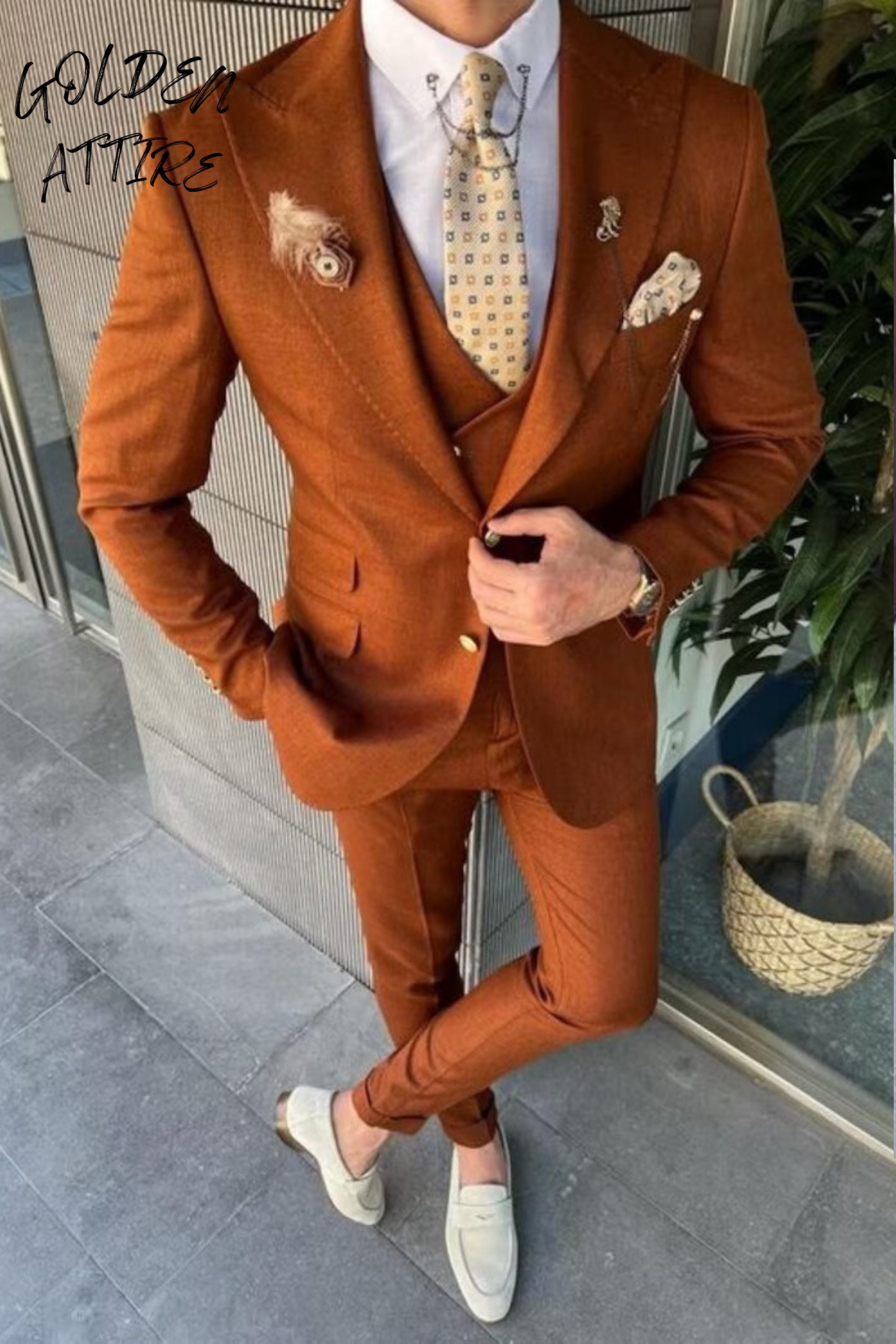 Suit Premium Three Piece Rust Suits, Terracotta Mens Suit Two Button ...
