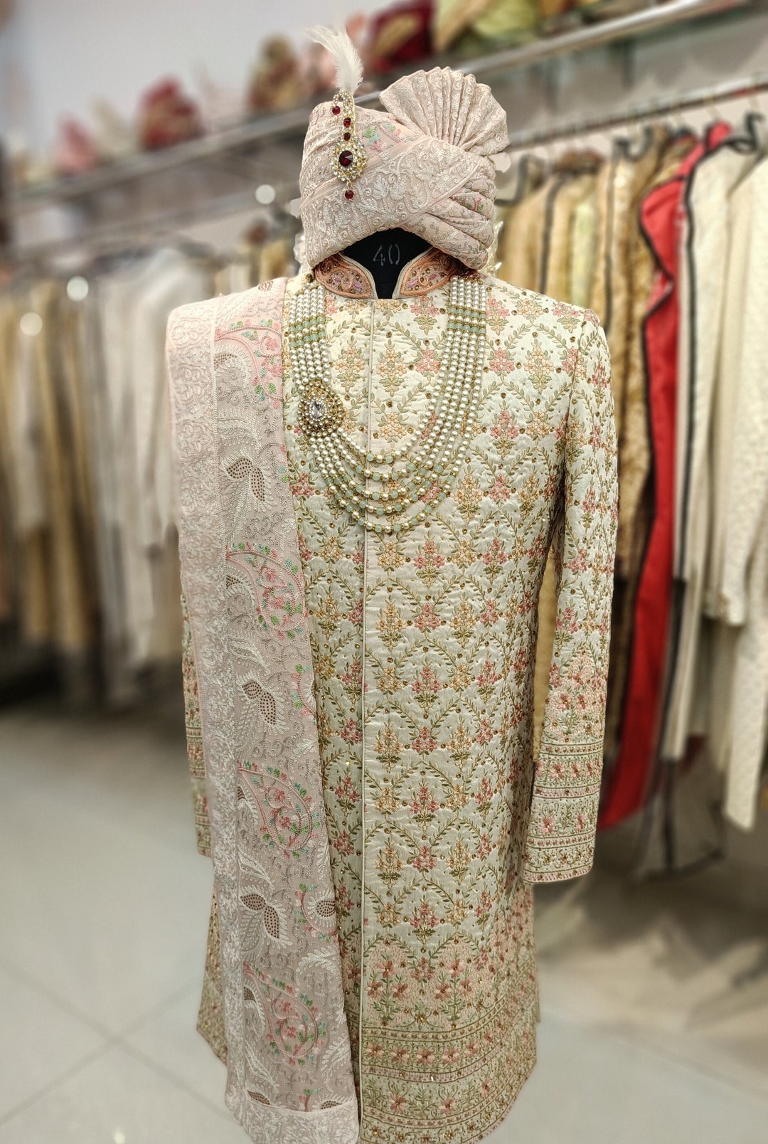 Ivory Latest Sherwani for Groom, Thread Embroidered Sherwani, Wedding ...