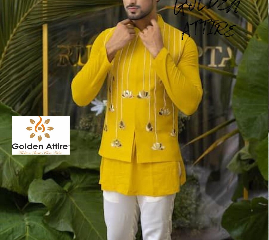 Yellow Nehru Jacket & Kurta Pajama, Modi Jacket, Embroidery Nehru ...
