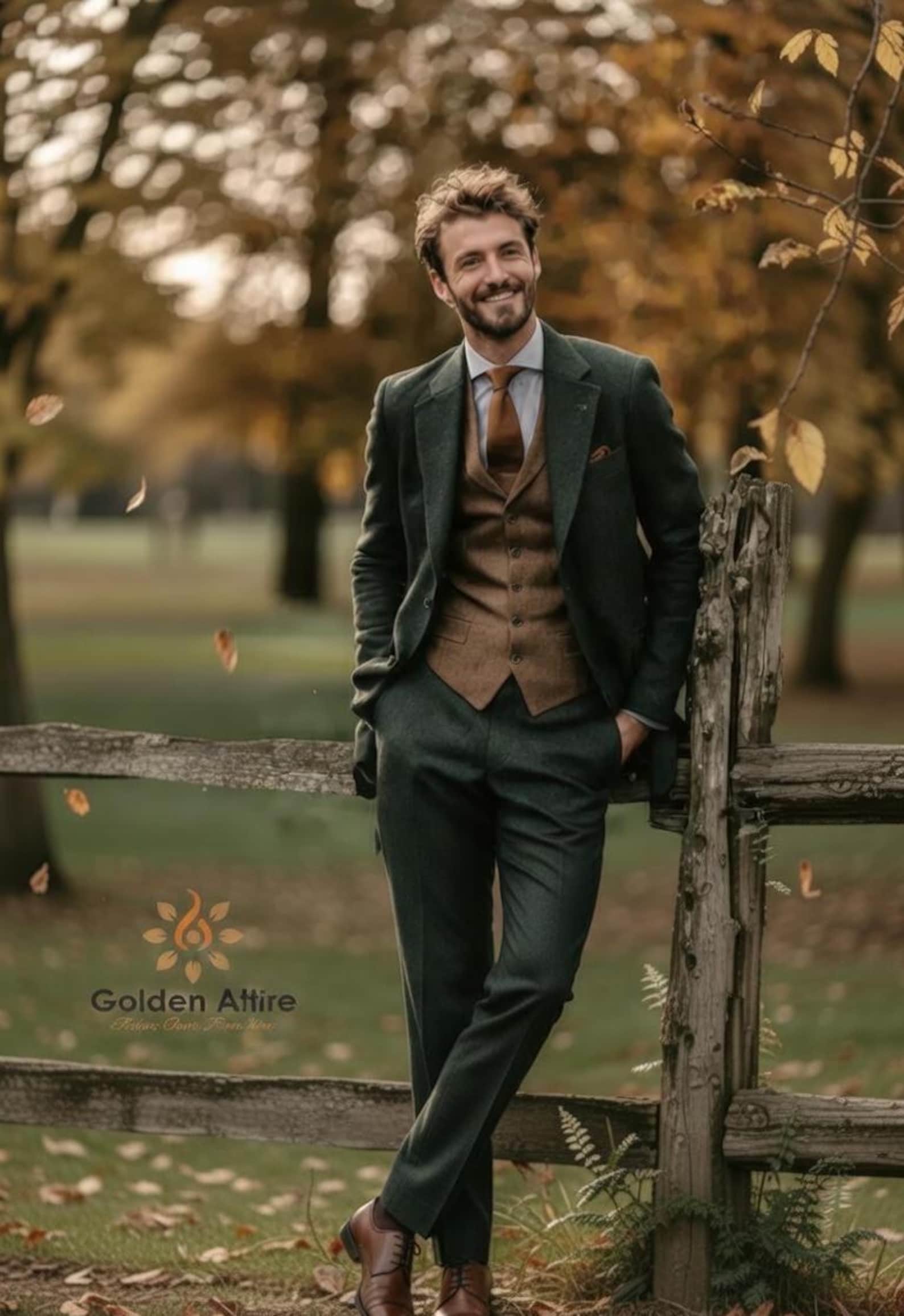 Hunter Green Tweed Wedding Suit, Brown Waistcoat, Wool Groom Attire - Etsy
