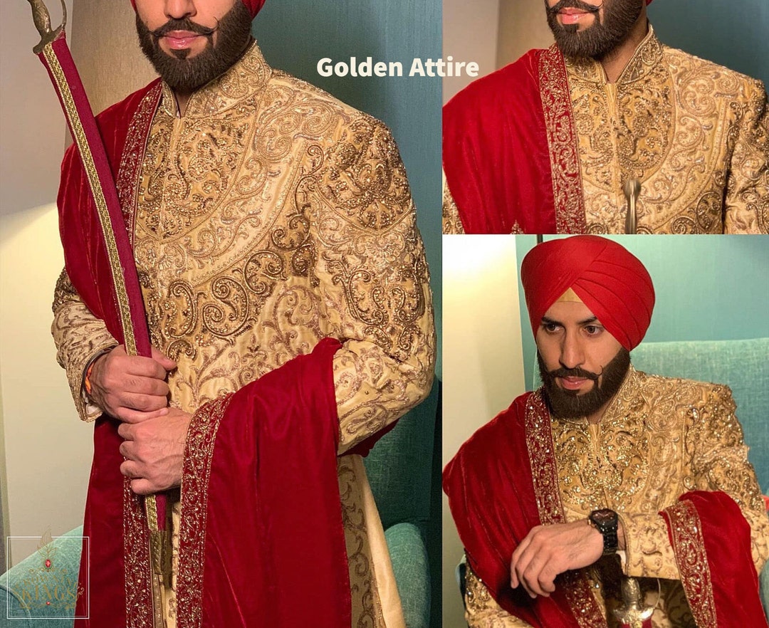 Royal Golden Sherwani Groom, Indian Groom Dress, Groom Wedding Dress ...