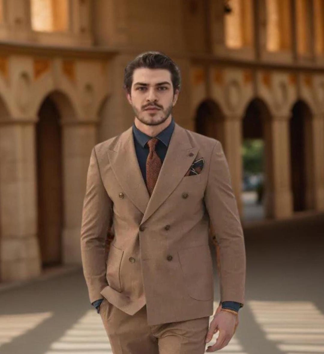 Camel Herringbone Tweed Wedding Suit, Elegant Double-breasted Groom ...