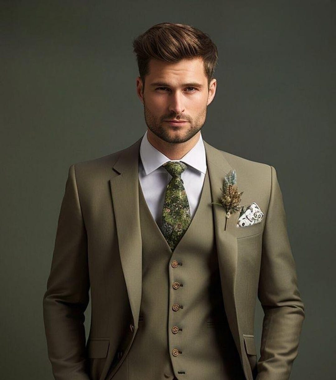Golden Attire | Bespoke Dark Olive Green Three Piece Suit in ...