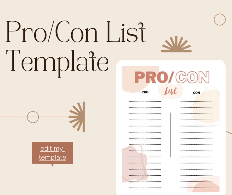 Pro / Con List Template Digital Download - Etsy