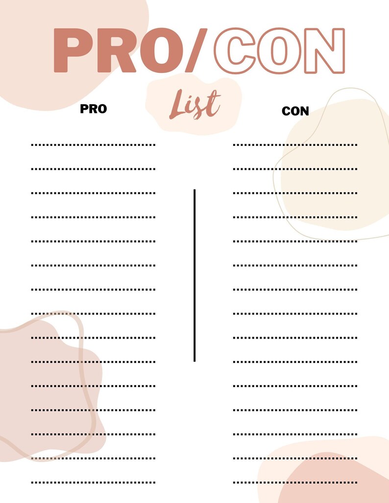 Pro / Con List Template Digital Download - Etsy