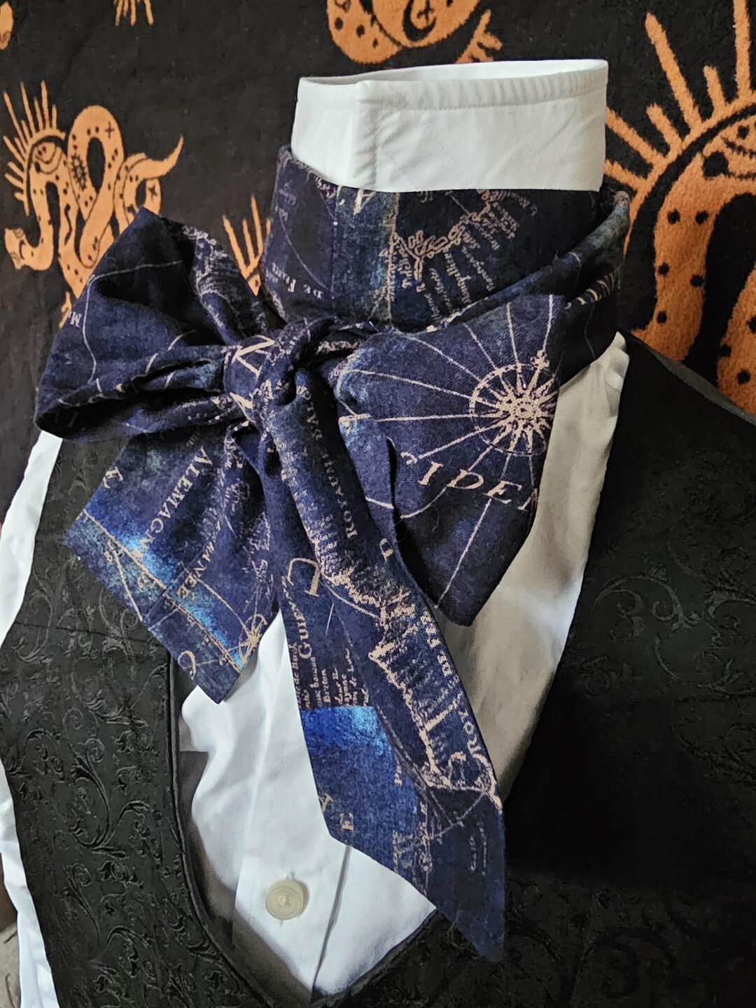 Cartography- Blue Gold Cotton Cravat Neck Tie Ascot Steampunk Goth ...