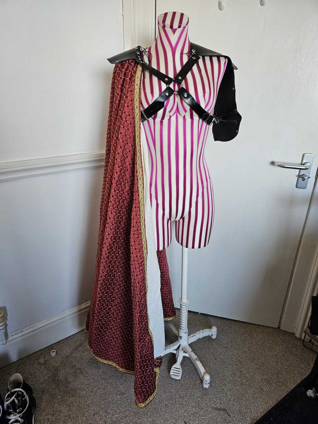 VALOR- Floor Length Red Gold Satin Cloak Black Leather Harness Straps ...