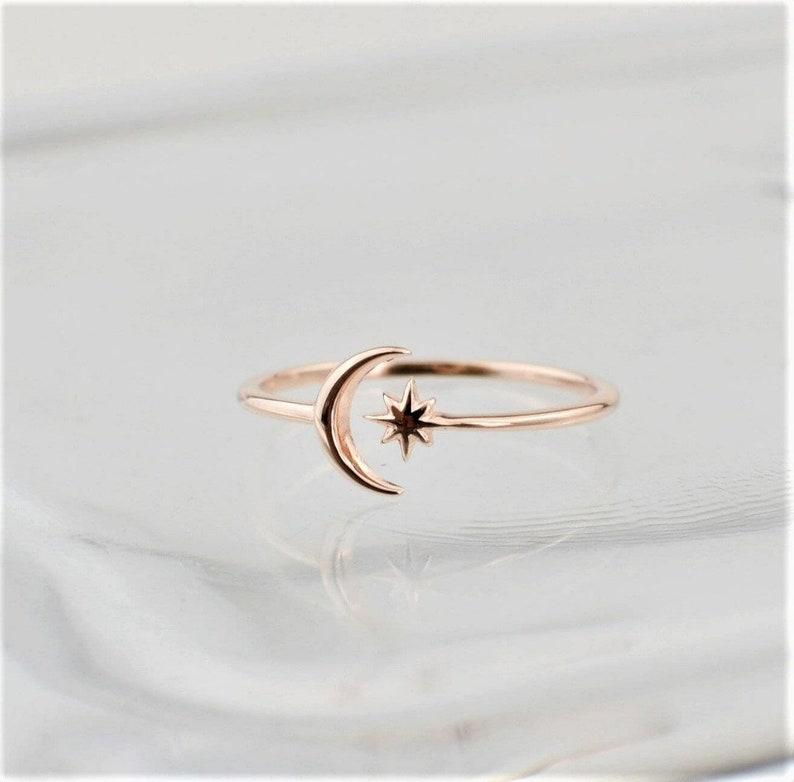 Sterling Silver Crescent Moon Ring, Celestial Star, Adjustable Band - Etsy