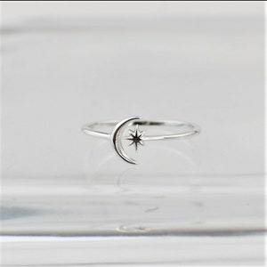 Sterling Silver Crescent Moon Ring, Celestial Star, Adjustable Band - Etsy