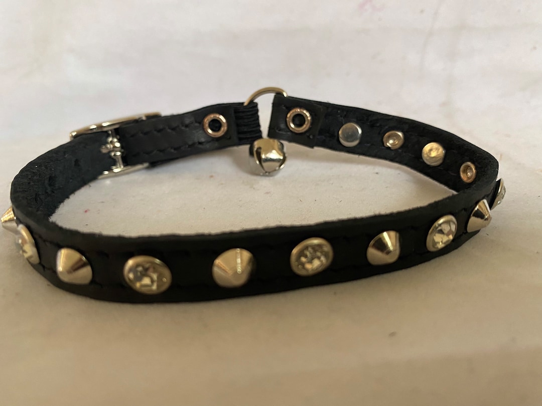 A Very Unique and Special Black Leather Cat Collar With Studs and ...