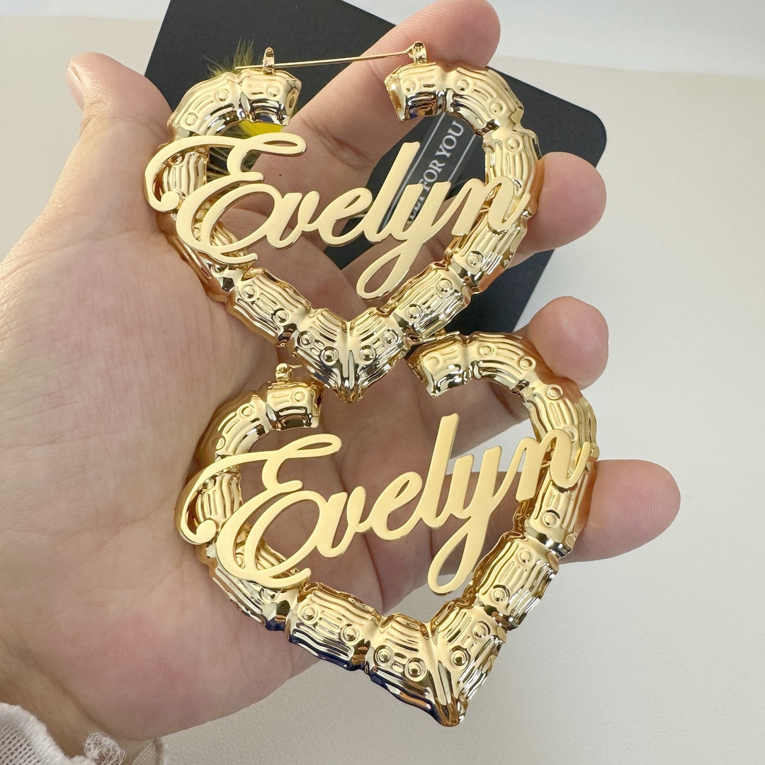 18k Gold Heart Bamboo Hoop Name Earrings: Personalized Jewelry ...