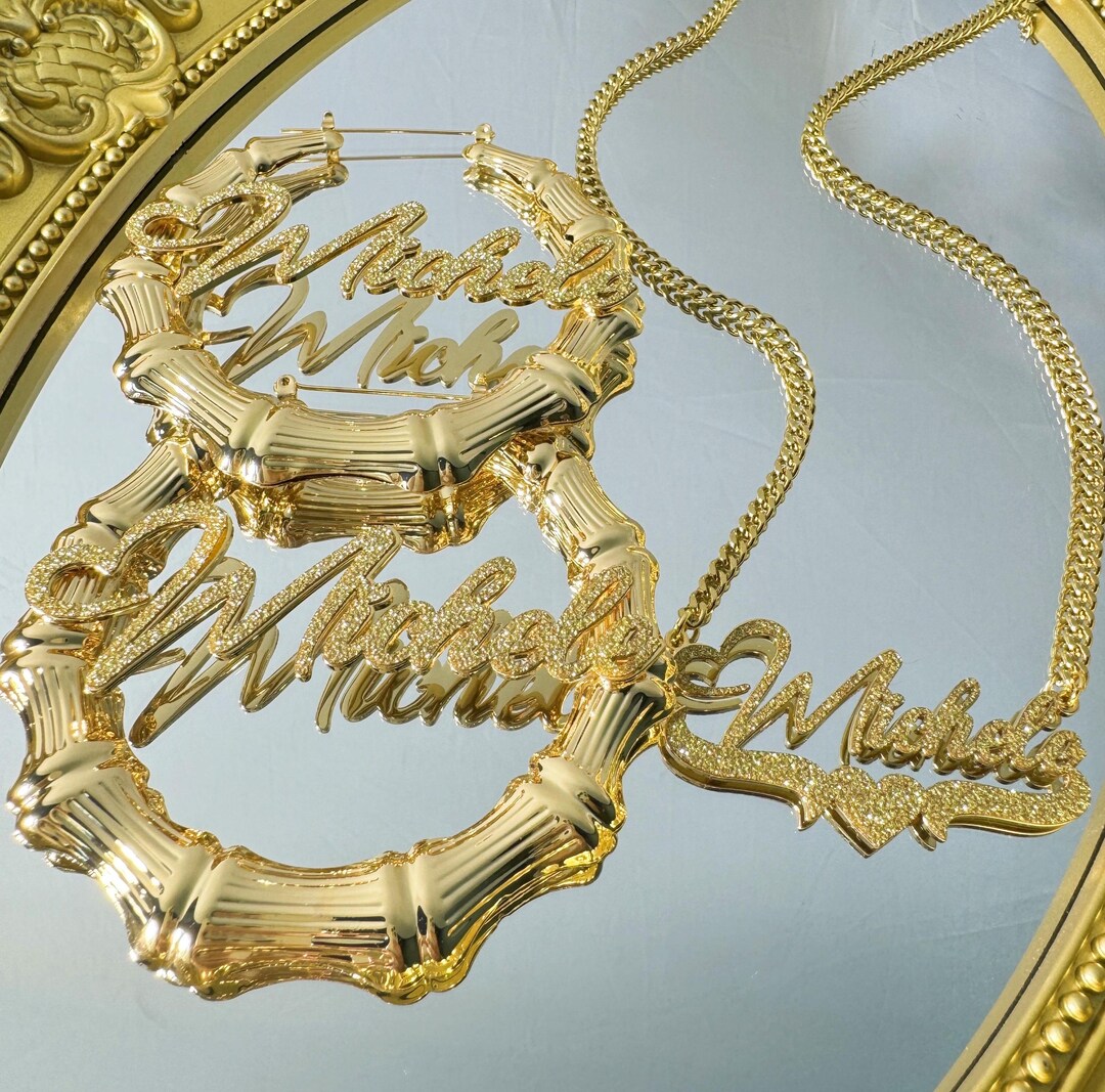 Custom Name Jewelry Set: Bling Name Necklace & Hoop Earrings - Etsy
