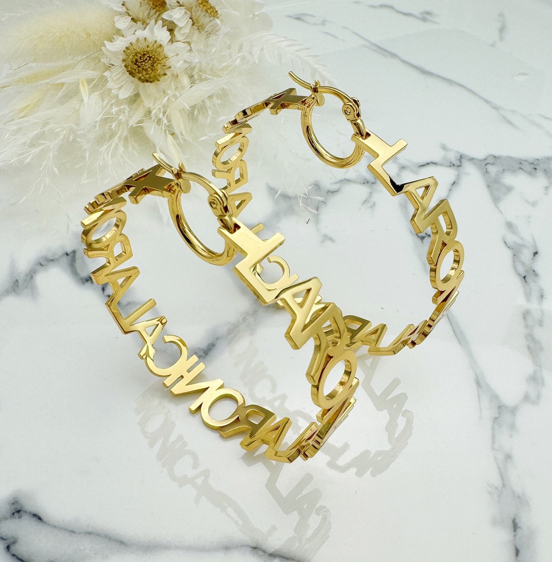 18K Gold Name Earrings,custom Hoop Earrings,personalized Earrings ...