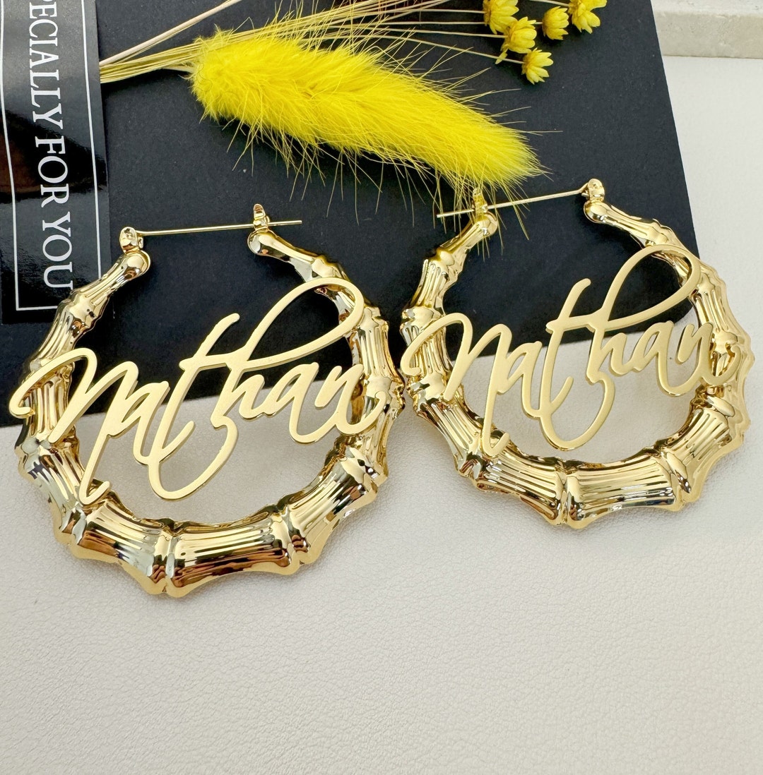 Custom Name Bamboo Hoop Earrings: Personalized Gifts, Gold Name Jewelry ...