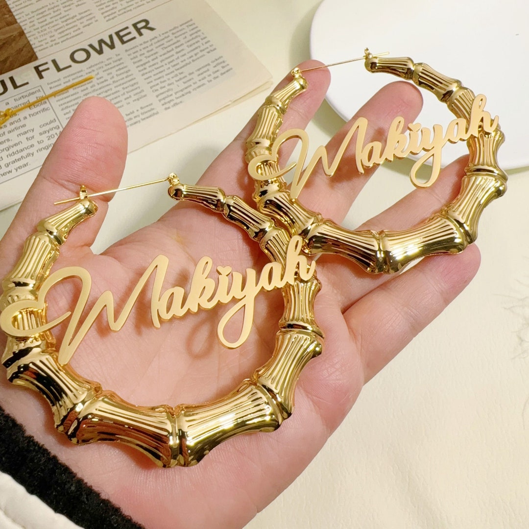 Custom Name Bamboo Hoop Earrings: Personalized Nameplate Jewelry, Gold ...