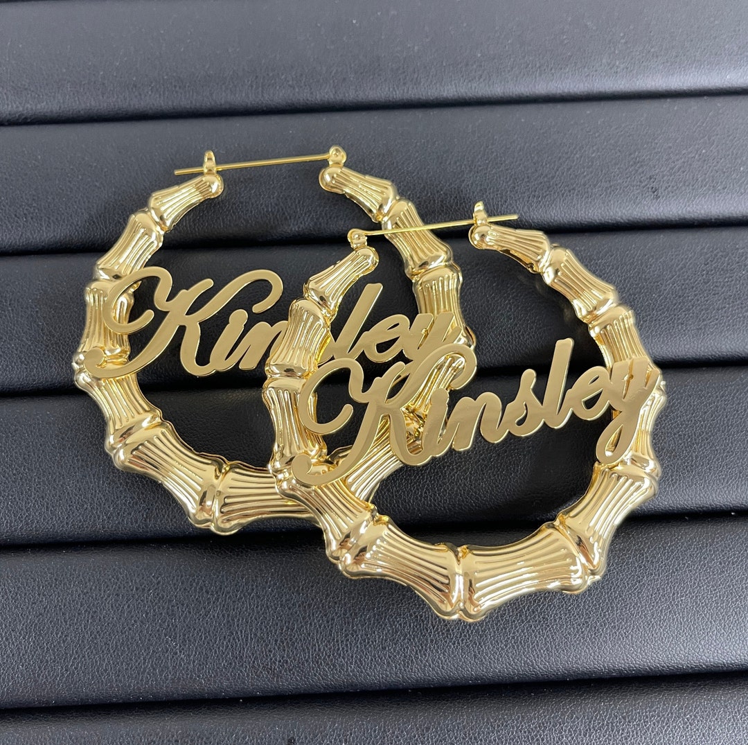 18k Gold Name Bamboo Earrings,gold Name Earrings,bamboo Hoop Earring ...