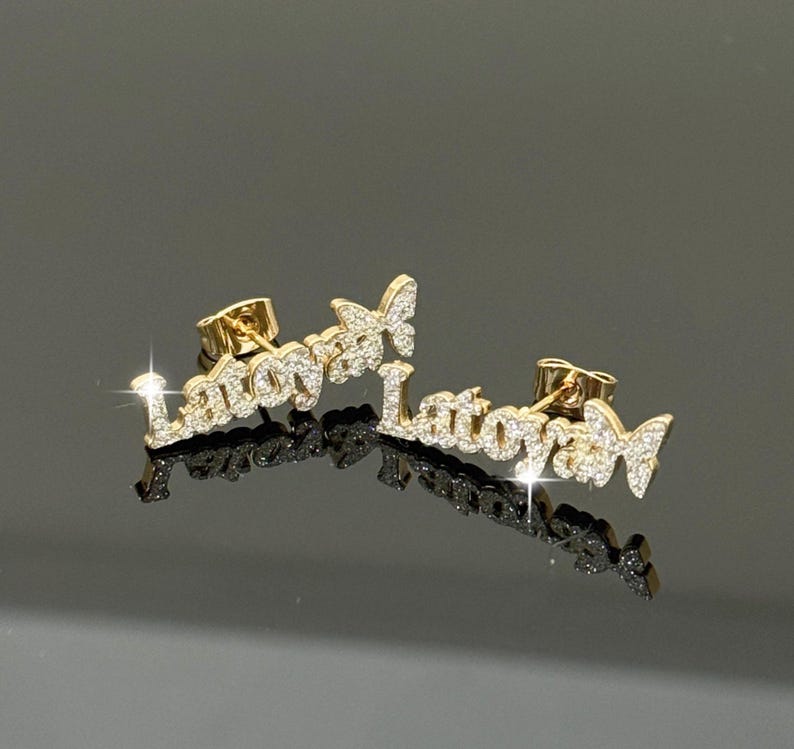 Custom Name Stud Earrings, Bling Gold Jewelry, Personalized Gift - Etsy