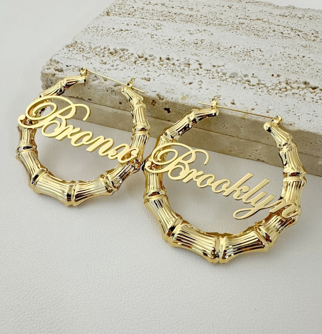 Custom Name Bamboo Hoop Earrings: Personalized Jewelry Gift, Women Mom ...