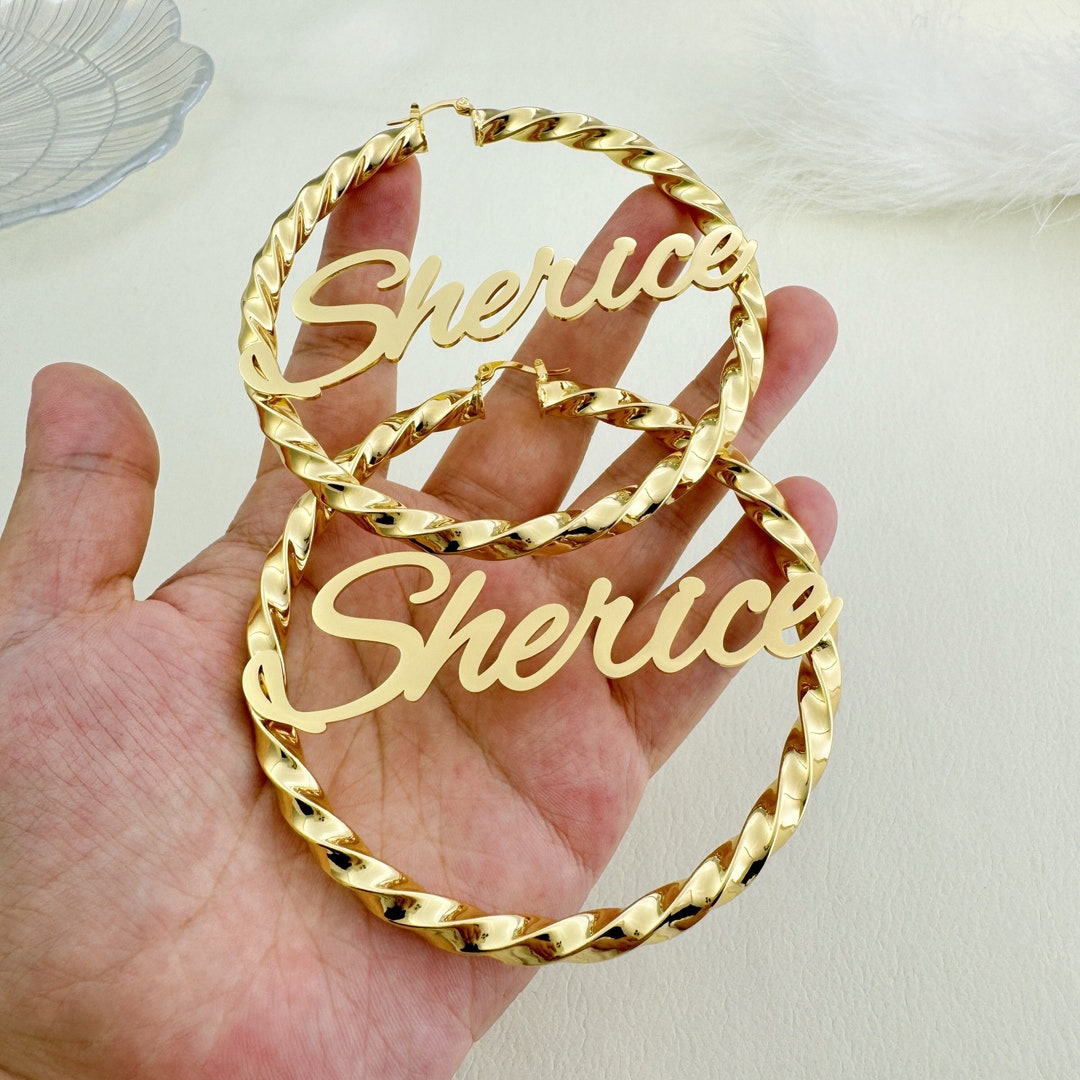 Custom Name Hoop Earrings: Personalized Chunky Hoops, Gold Nameplate ...