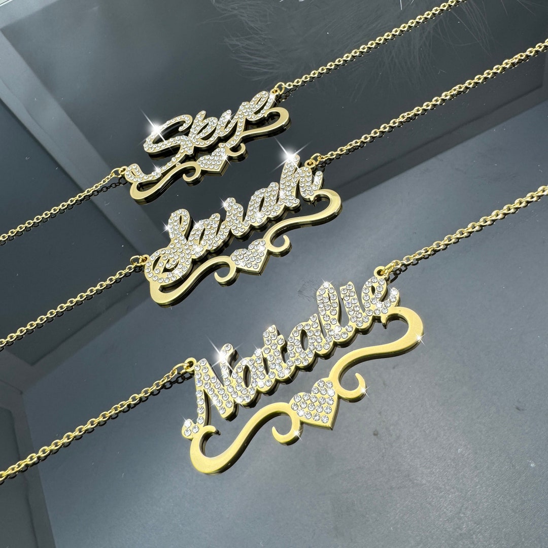Custom Name Plate Diamond Necklace,heart Nameplate Necklace,bling Name ...