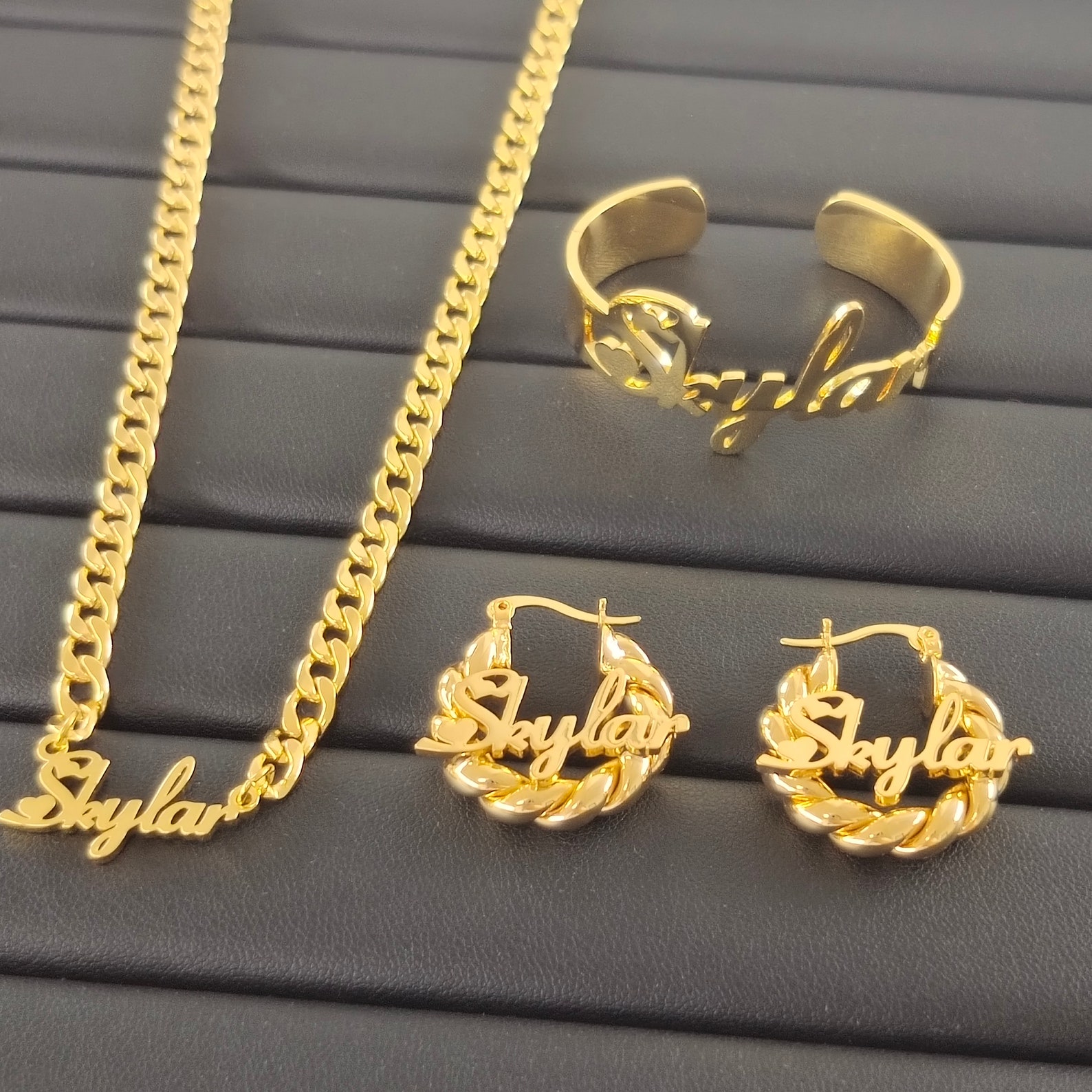 Custom Name Jewelry Set: Personalized Gold Bracelet, Necklace & Hoop ...