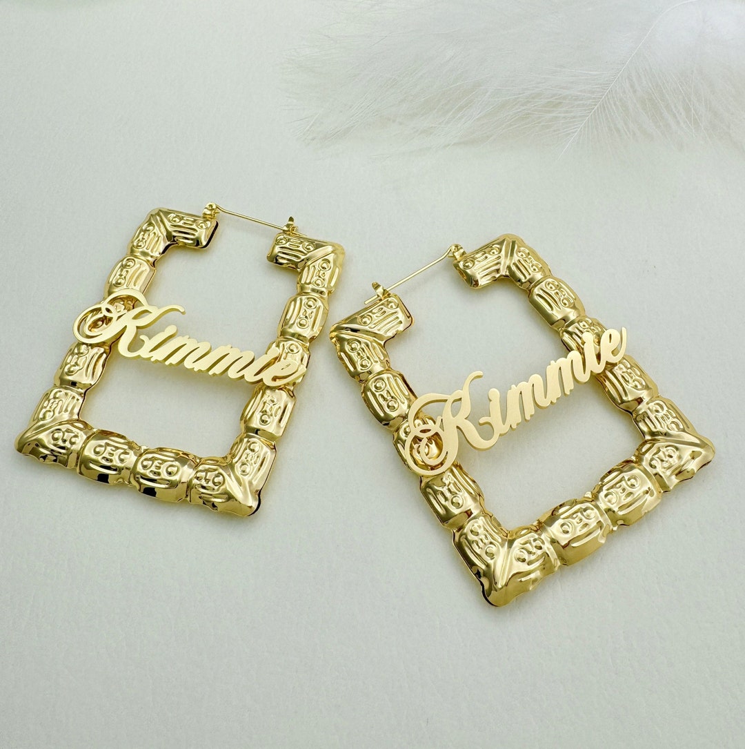 Custom Name Bamboo Hoop Earrings: Personalized Square Huggies - Etsy