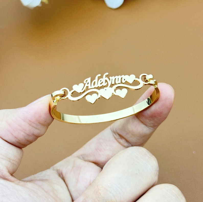 Custom Baby Name Bracelet, Dainty 18K Gold Bangle Bracelet ...