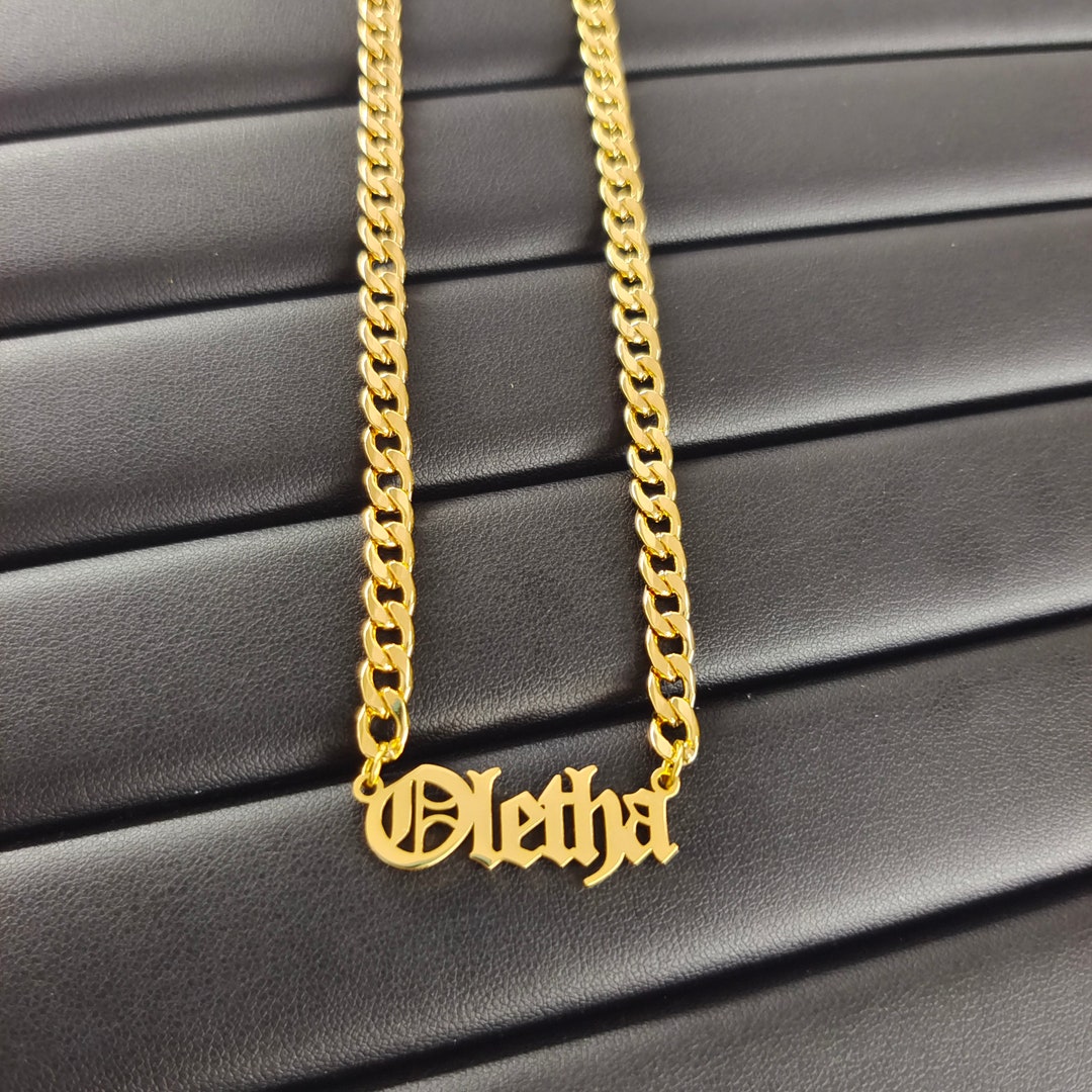 18K Gold Old English Name Necklace,gold Nameplate Necklace,cuban Chain ...