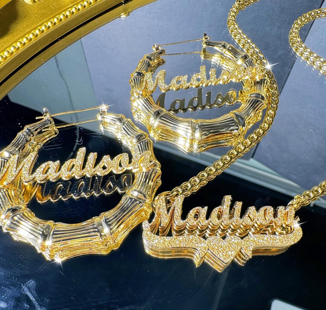 Custom Bling Name Jewelry Set,double Name Necklace Set,gold Bling ...