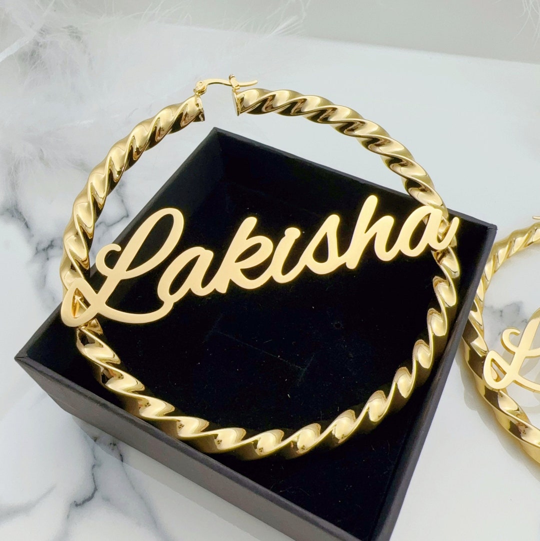 18K Gold Personalized Name Hoop Earrings: Custom Twist Hoops - Etsy