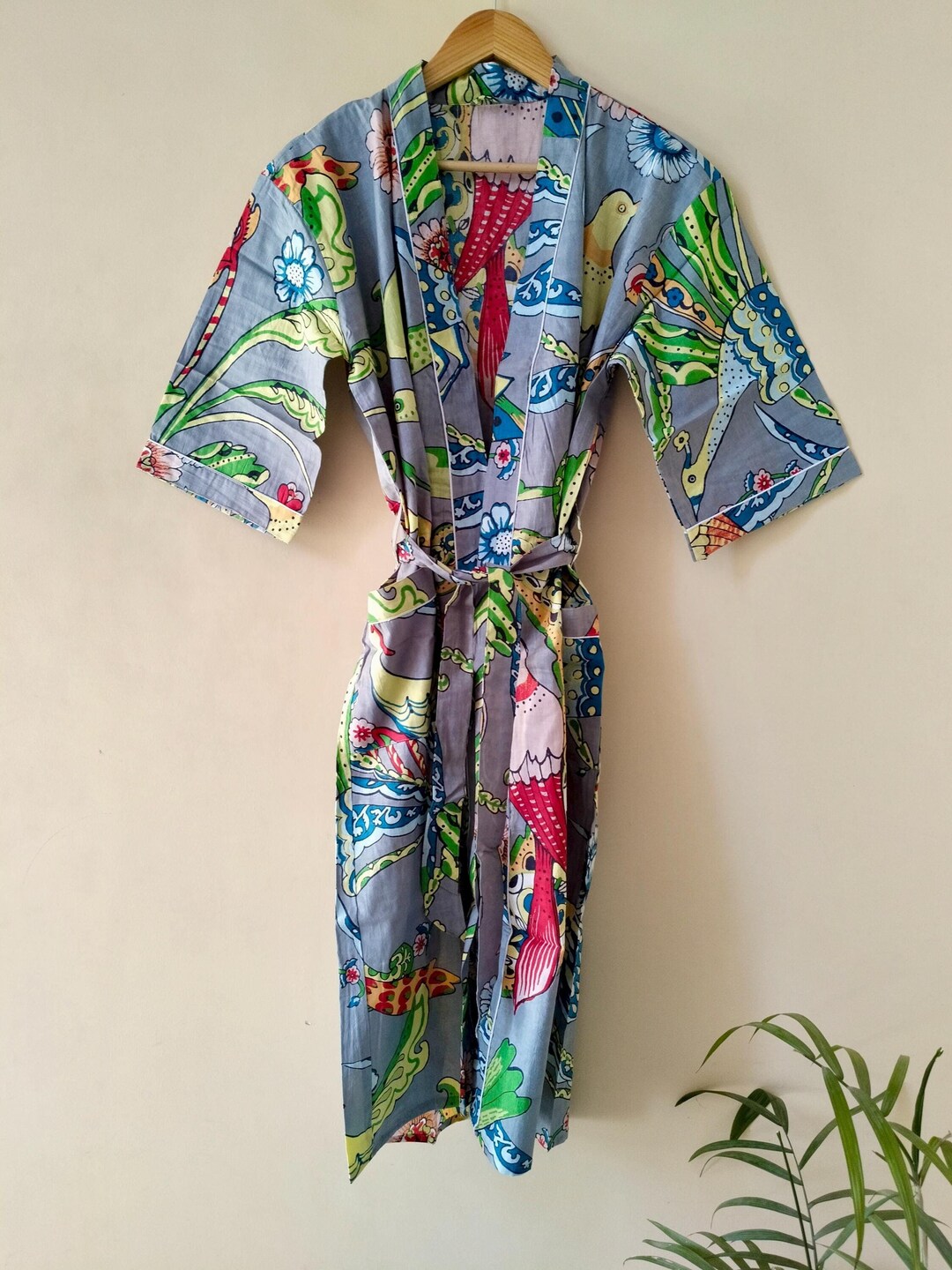 Cotton Kimono Robe, Bird Print Robes for Women, Plus Size Dressing Gown ...