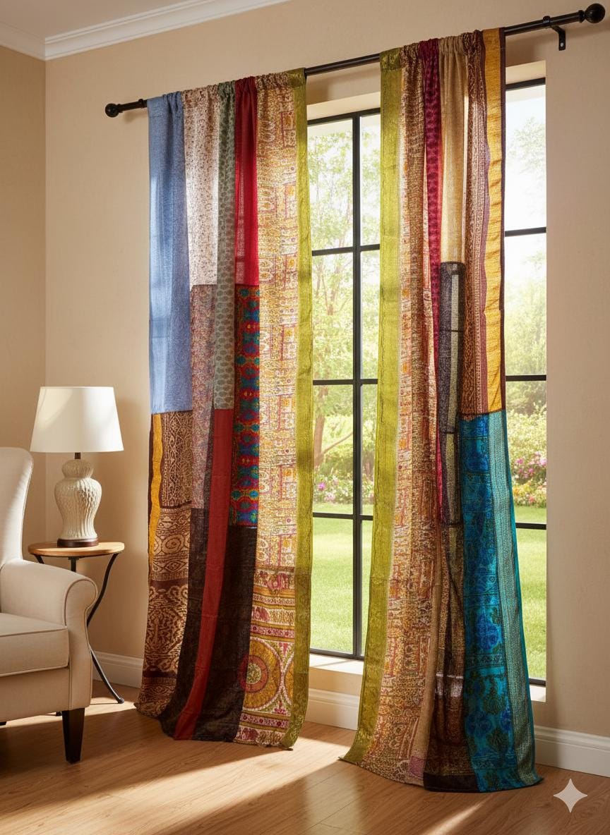 Handmade Silk Saree Curtains (set of 2) | Boho Patchwork Window Decor ...