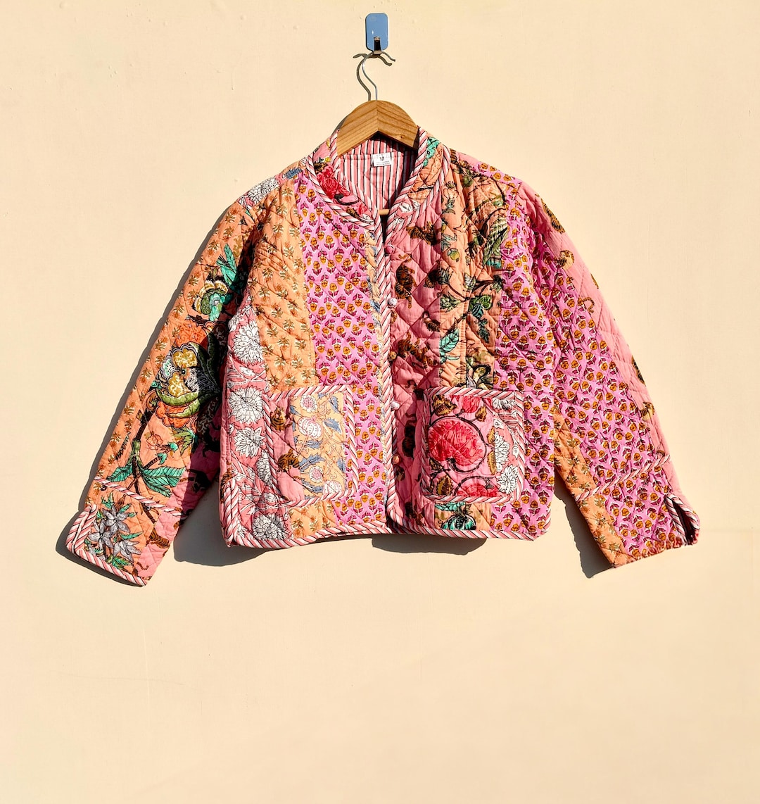 New Peach Coller Patchwork Jacket Boho Winter Reversible Quilted Jacket ...